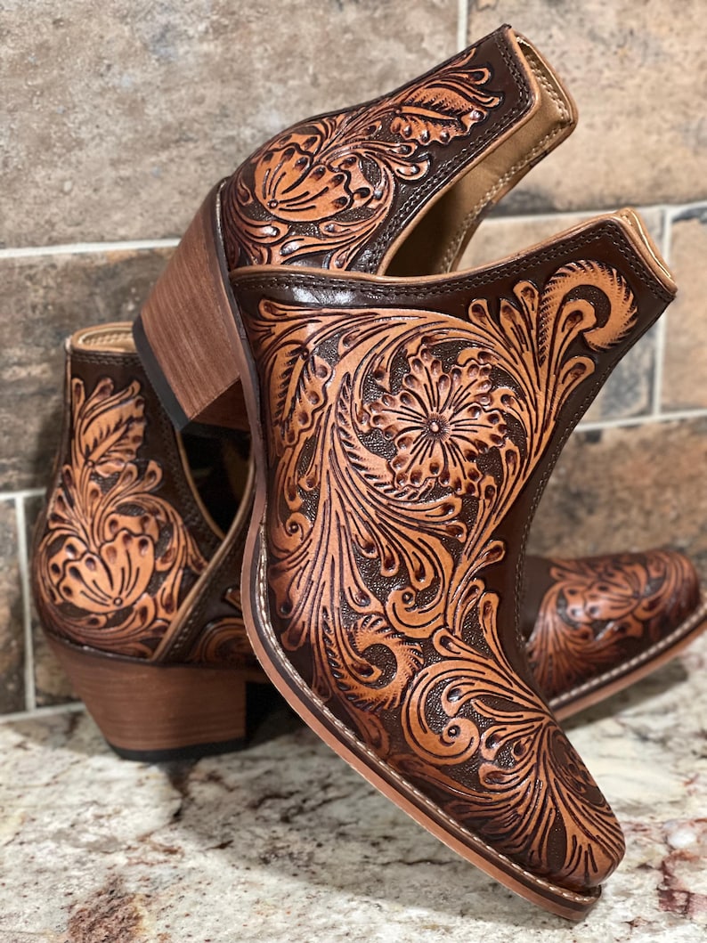 Tooled Leather Boots, Tooled Leather Booties, Gift for Her, Christmas ...