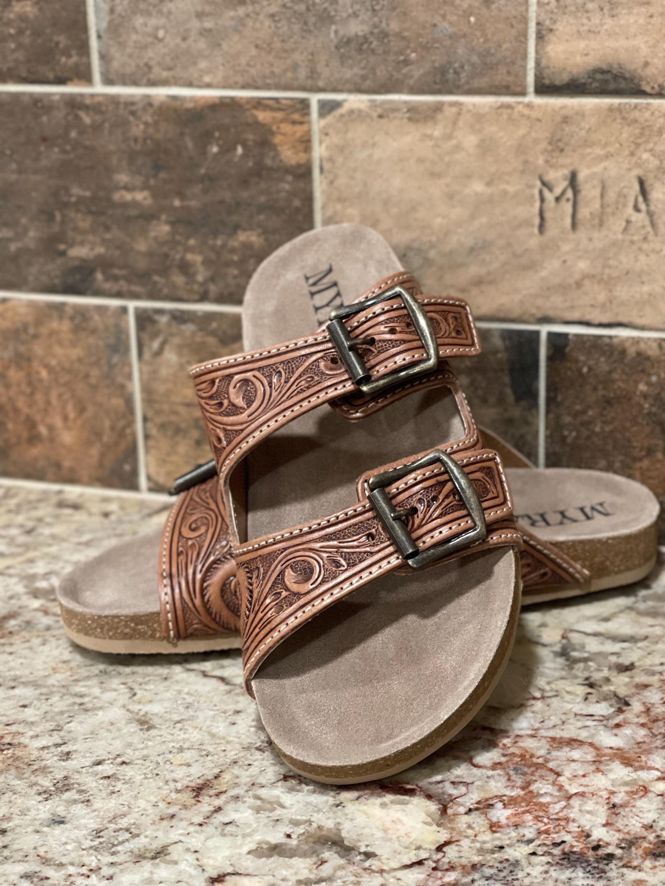 Tooled Leather Sandals, Brown Leather Sandals, Gift for Her, Western ...