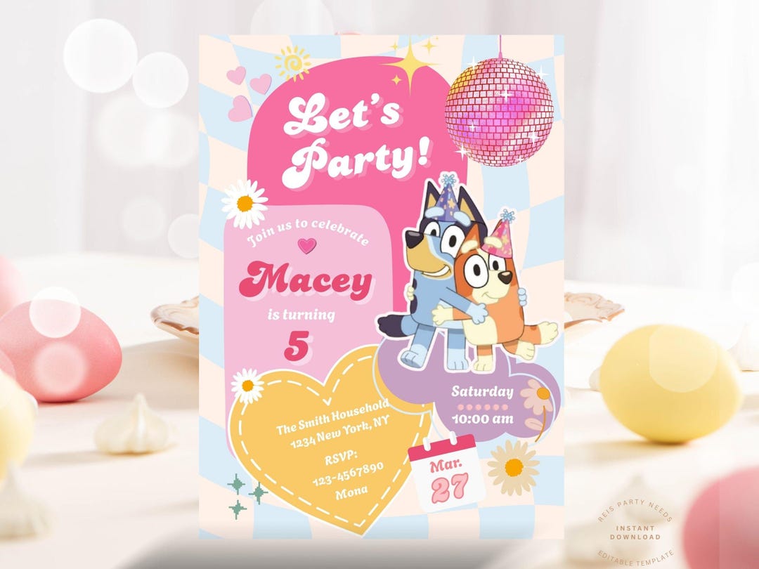 Groovy Retro Bluey Editable Birthday Invitation Digital Birthday Party ...
