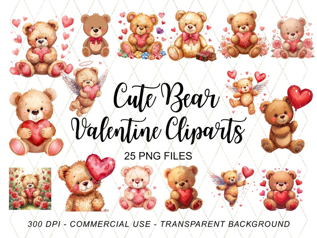 Cute Bear Valentine Clipart Set • 25 PNG Files • Cute Teddy Bear ...