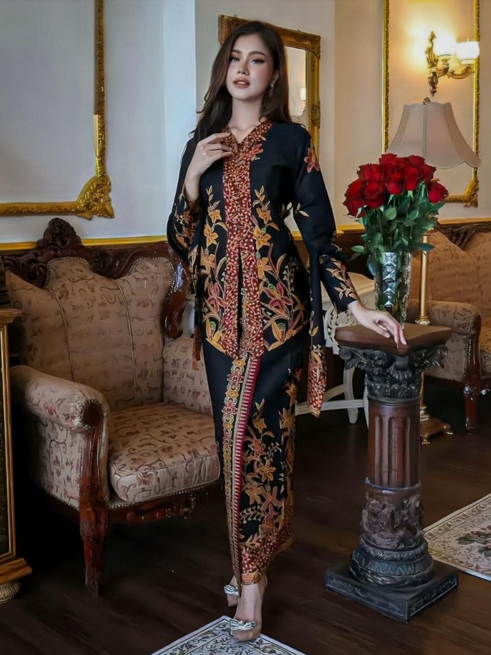 Women's Long Dress Batik With Floral Pattern Traditional Indonesian ...