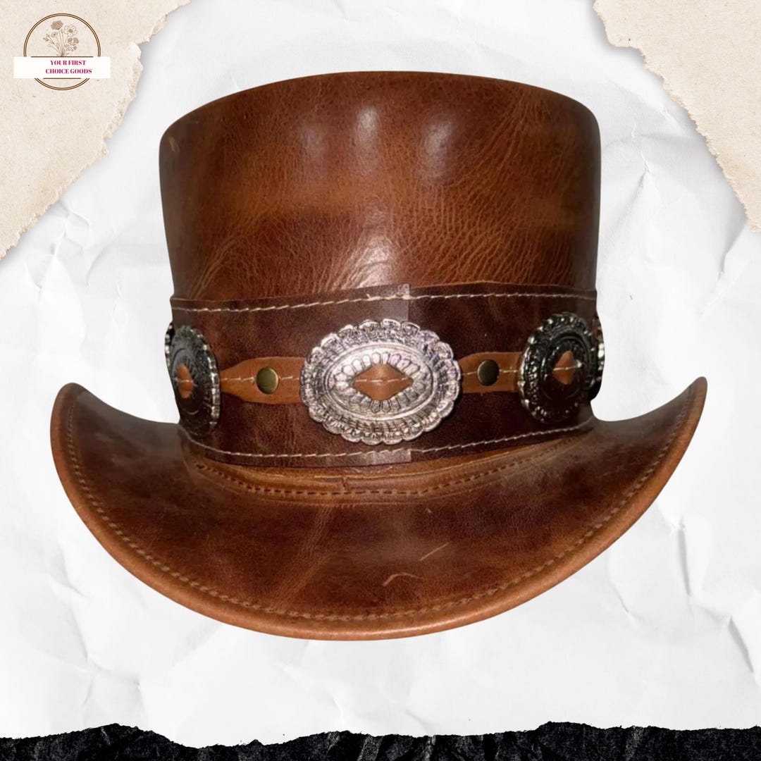 Handmade Brown Leather Top Hat With Silver Conchos Vintage Steampunk ...