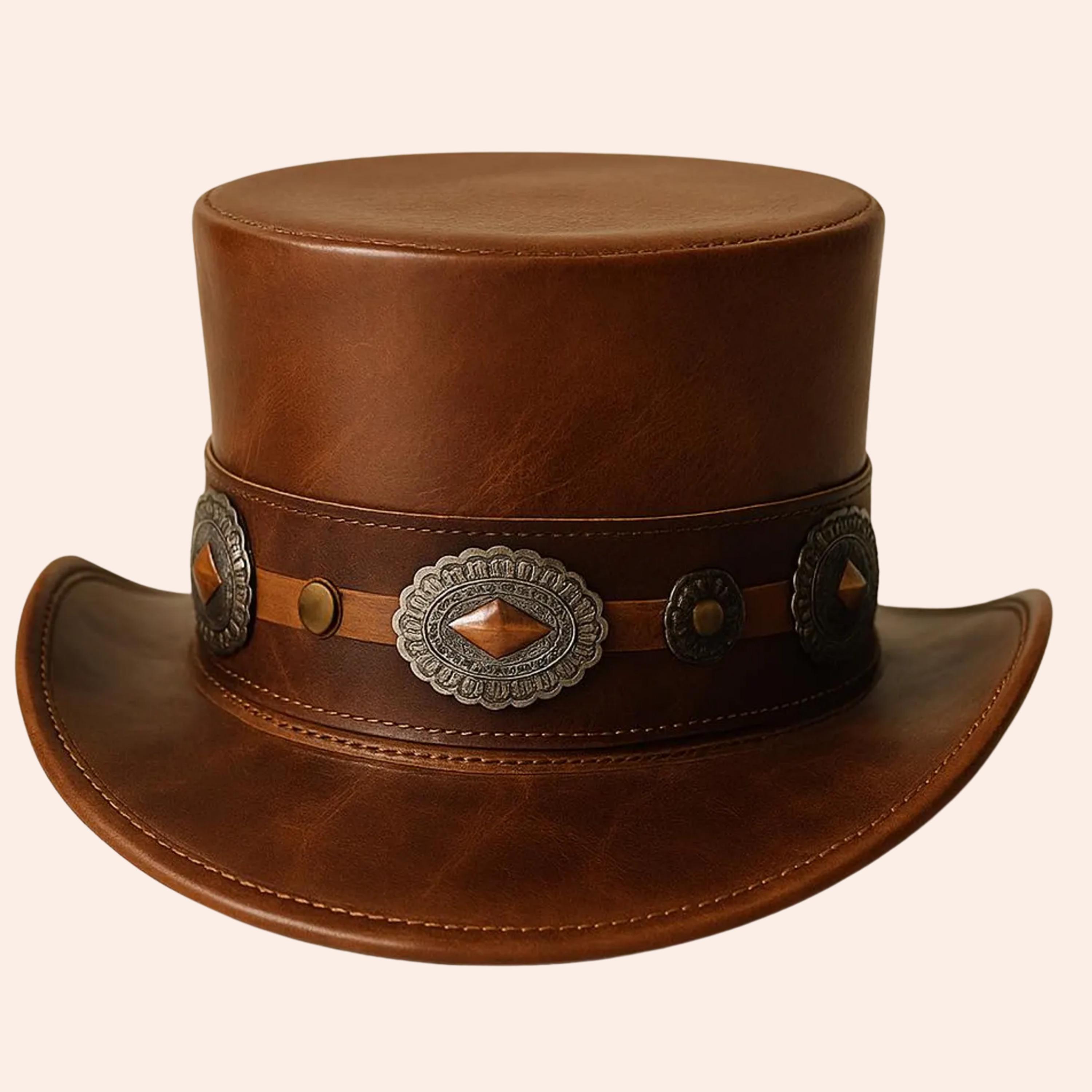 Handmade Brown Leather Top Hat With Silver Conchos Vintage Steampunk ...