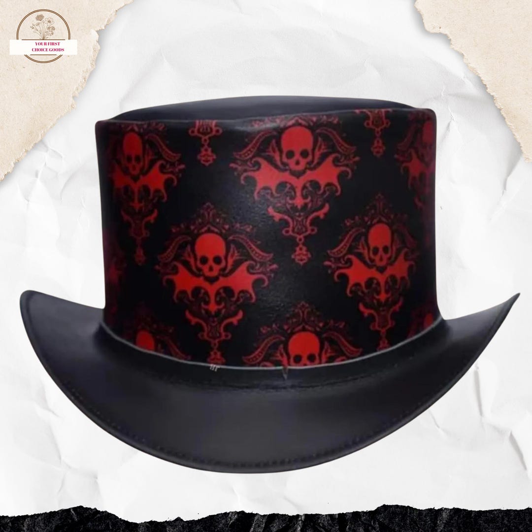 Handmade Gothic Vintage Steampunk Black Red Leather Top Hat With Red ...