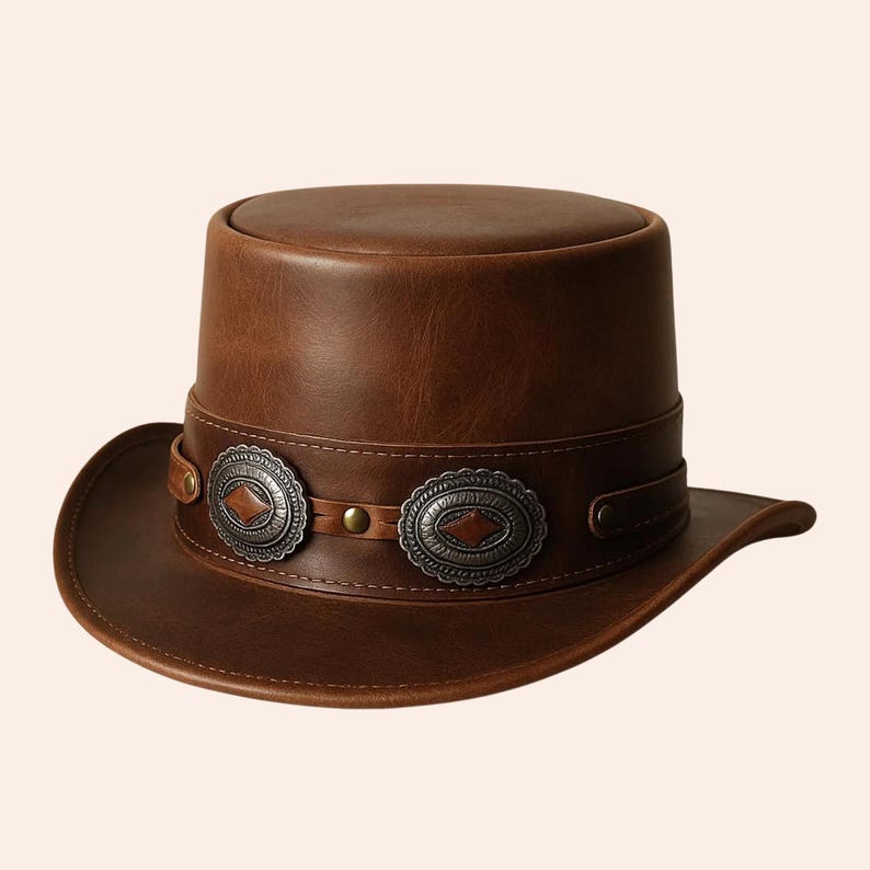 Handmade Brown Leather Top Hat With Silver Conchos Vintage Steampunk ...