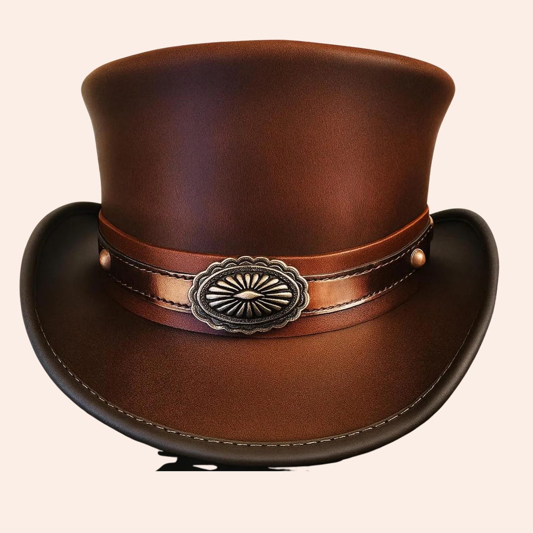 Handmade Brown Leather Top Hat: Western Concho Band, Steampunk Cowboy ...