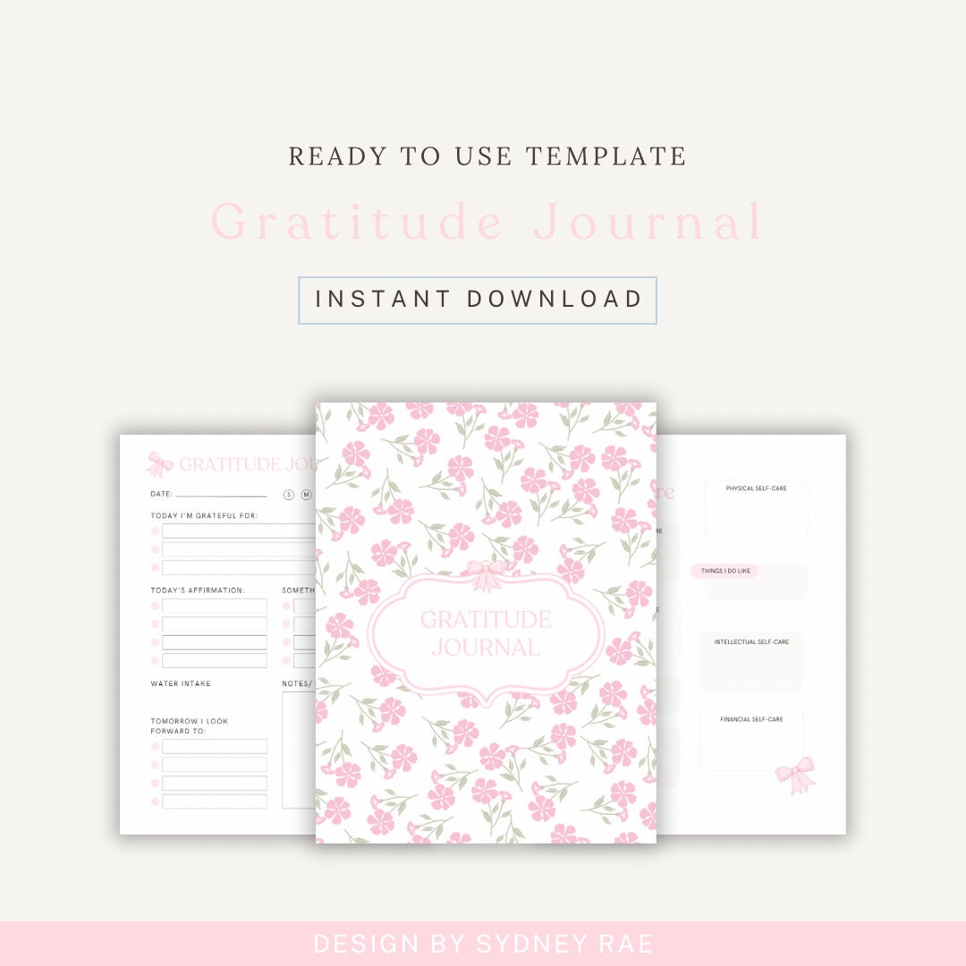 Gratitude, Self Care Inspired Pink Flowers and Bows Journal Prompts ...