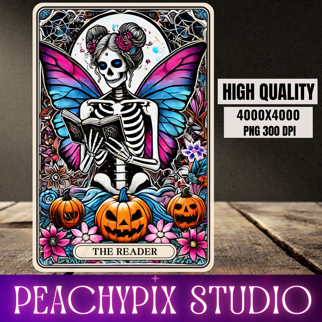 The Reader Tarot Card PNG, Reading Skeleton Sublimation Design, Book ...