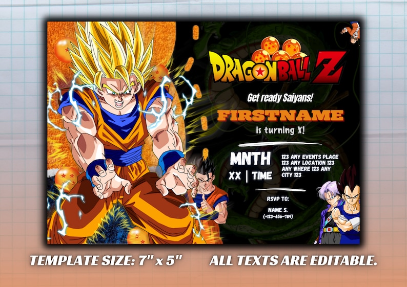 Editable Dragonball Z Anime Birthday Invitation Template Dragon Ball ...
