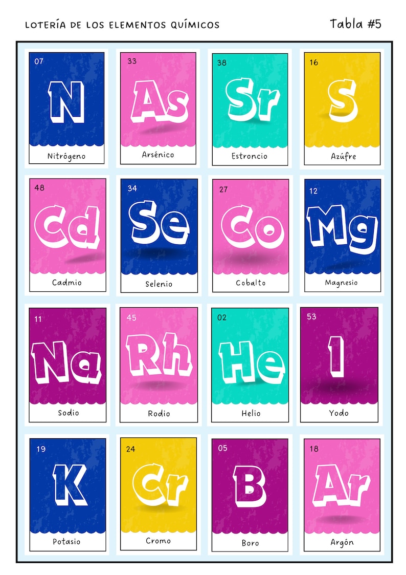 Lotería de los elementos químicos, IMPRIMIBLE , ESPAÑOL - Etsy México