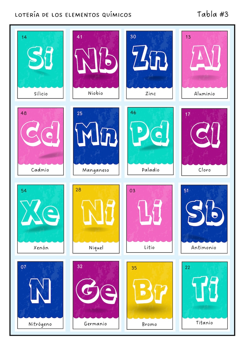 EN ESPAÑOL lotería de los elementos químicos - Etsy México