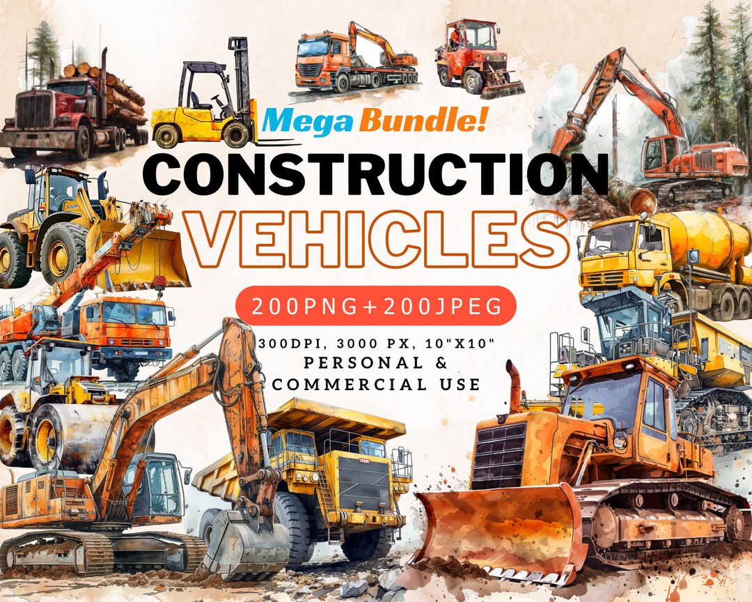 Watercolor Construction Vehicles Clipart Mega Bundle, 400 Designs, PNG ...