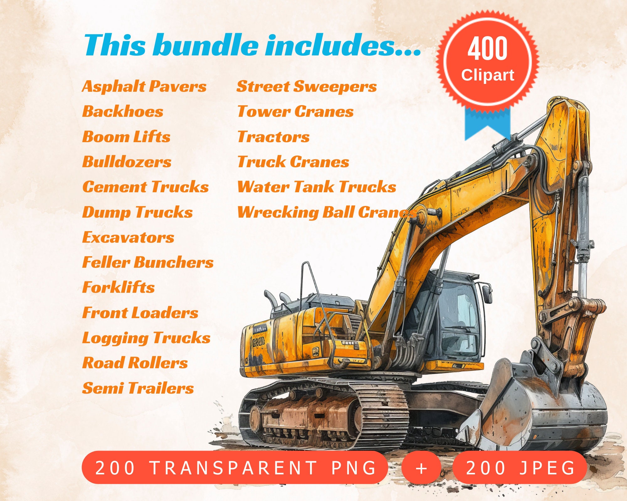 Watercolor Construction Vehicles Clipart Mega Bundle, 400 Designs, PNG ...