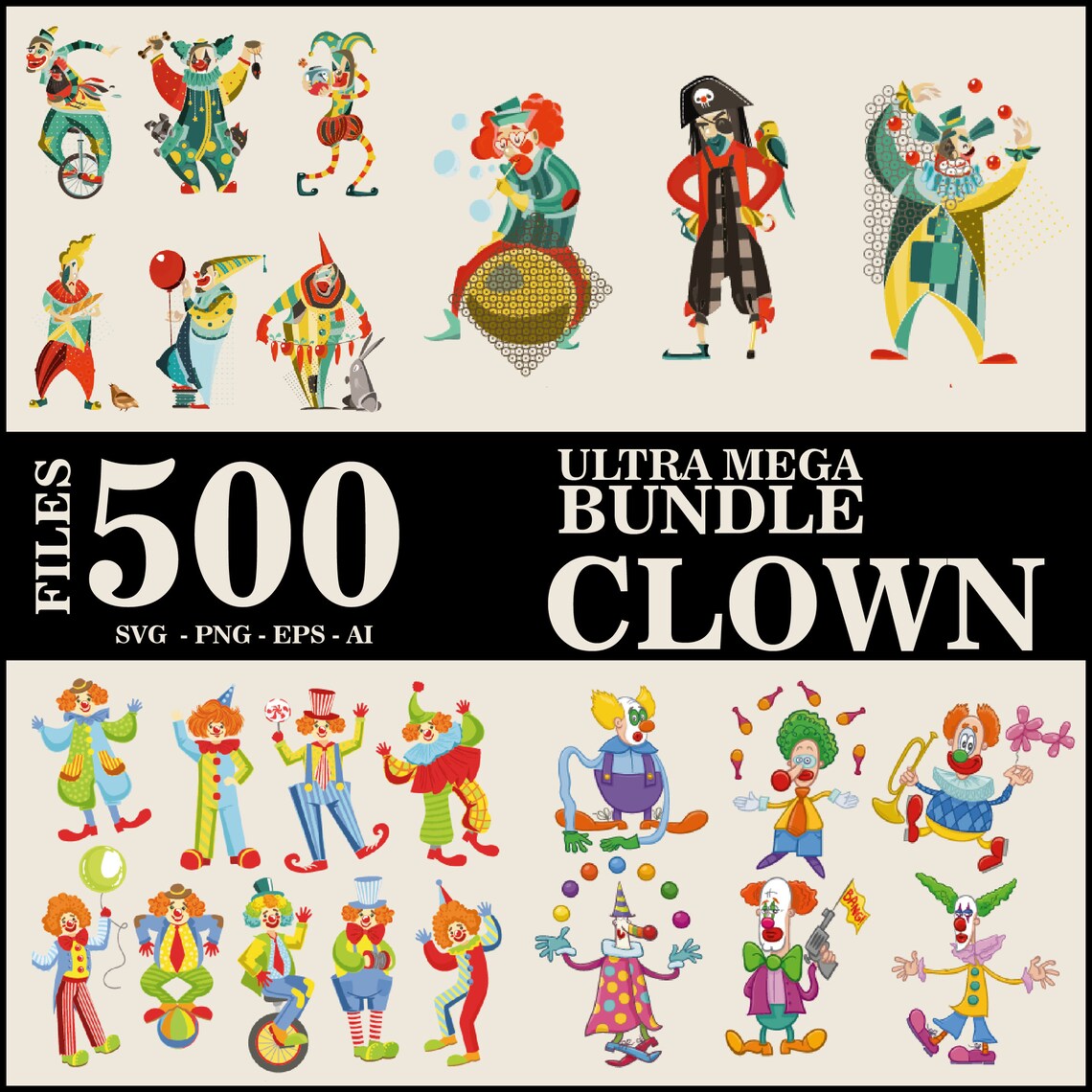 500 Clowns Bundle Svg, Circus Clown Svg, Happy Clown Svg, Skulls Clown ...