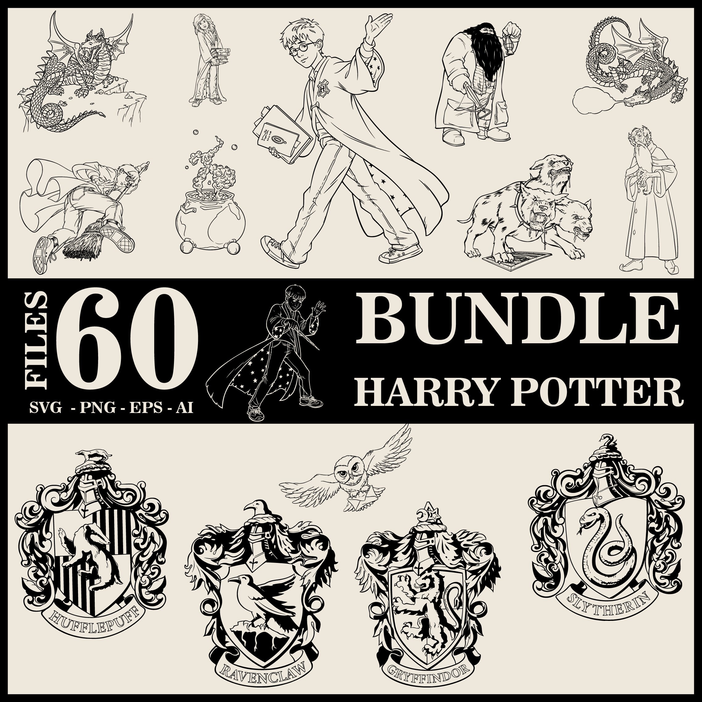 60 Files HP Svg Bundle, Magic Wizard Svg, School Movie Bundle, Harry ...