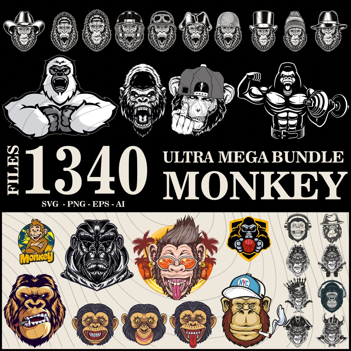 1340 Files Monkey Svg Bundle, Monkey Svg, Monkey Head Svg, Monkey ...