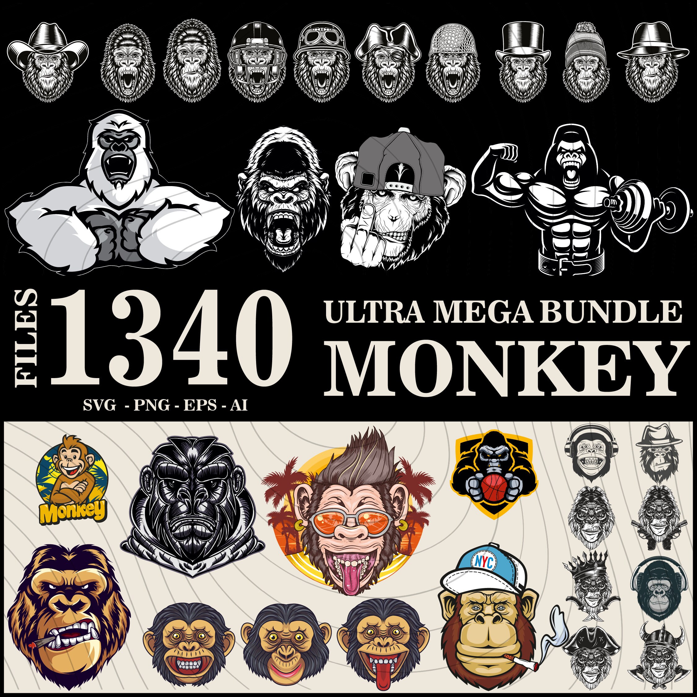 1340 Files Monkey Svg Bundle, Monkey Svg, Monkey Head Svg, Monkey ...