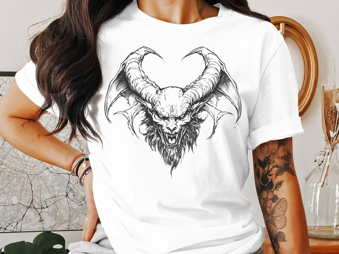Demon Skull T-shirt, Gothic Demon Design Tee, Horror Art T-shirt, Dark ...