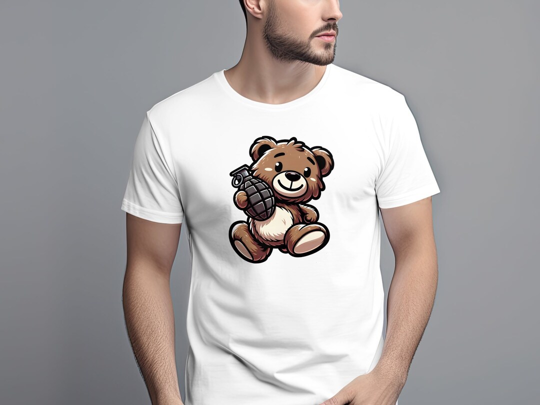 Cute Teddy Bear With Grenade Graphic T-shirt, Unisex Cartoon Bear Tee ...