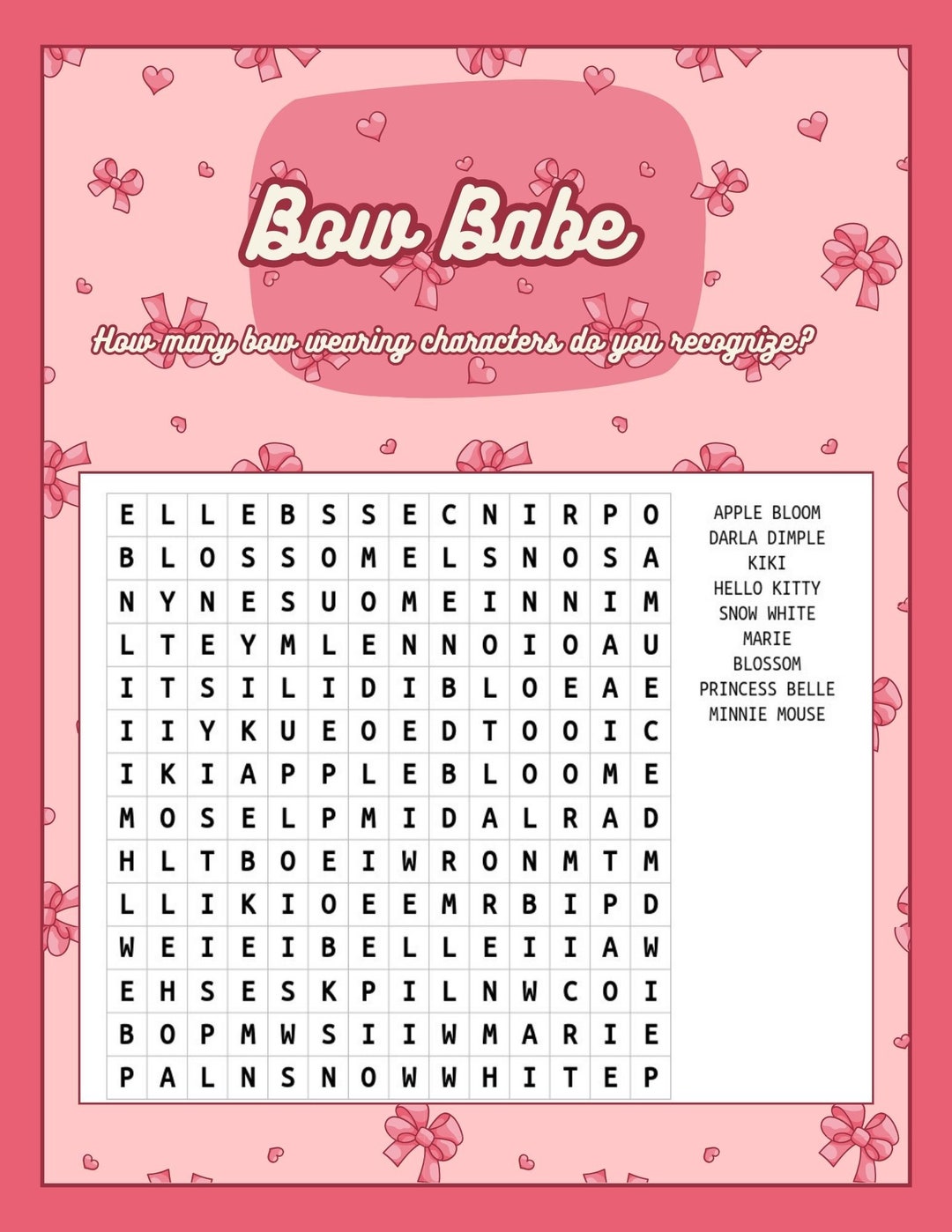 Bow Babe Pink Girly Coquette-themed Word Search With Answer Key - Etsy