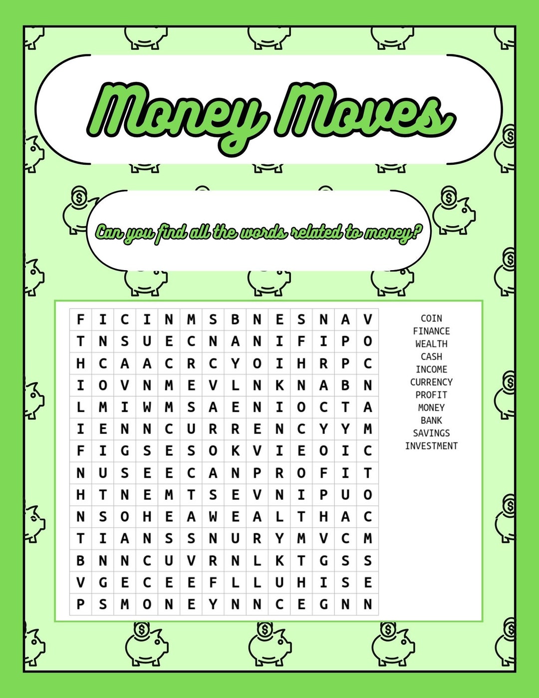 Money Moves Money-themed Word Search With Answer Key - Etsy