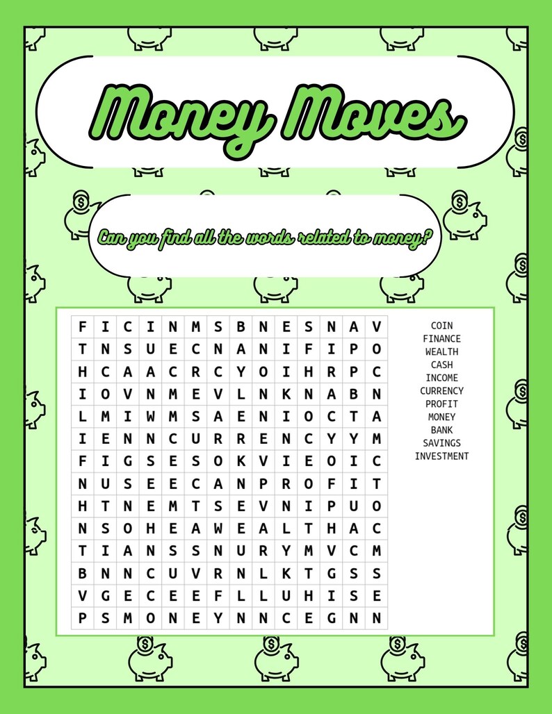 Money Moves Money-themed Word Search With Answer Key - Etsy
