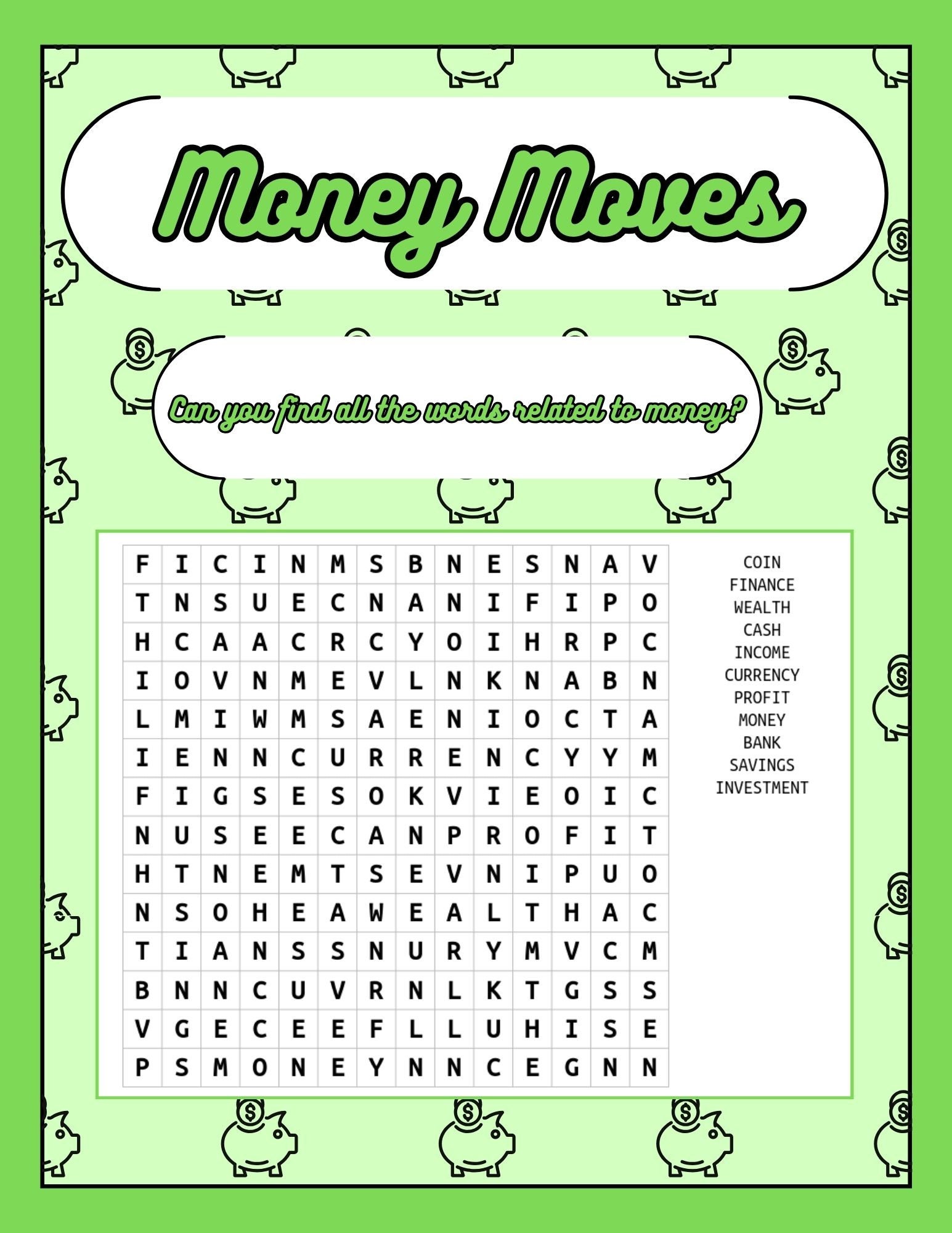 Money Moves Money-themed Word Search With Answer Key - Etsy