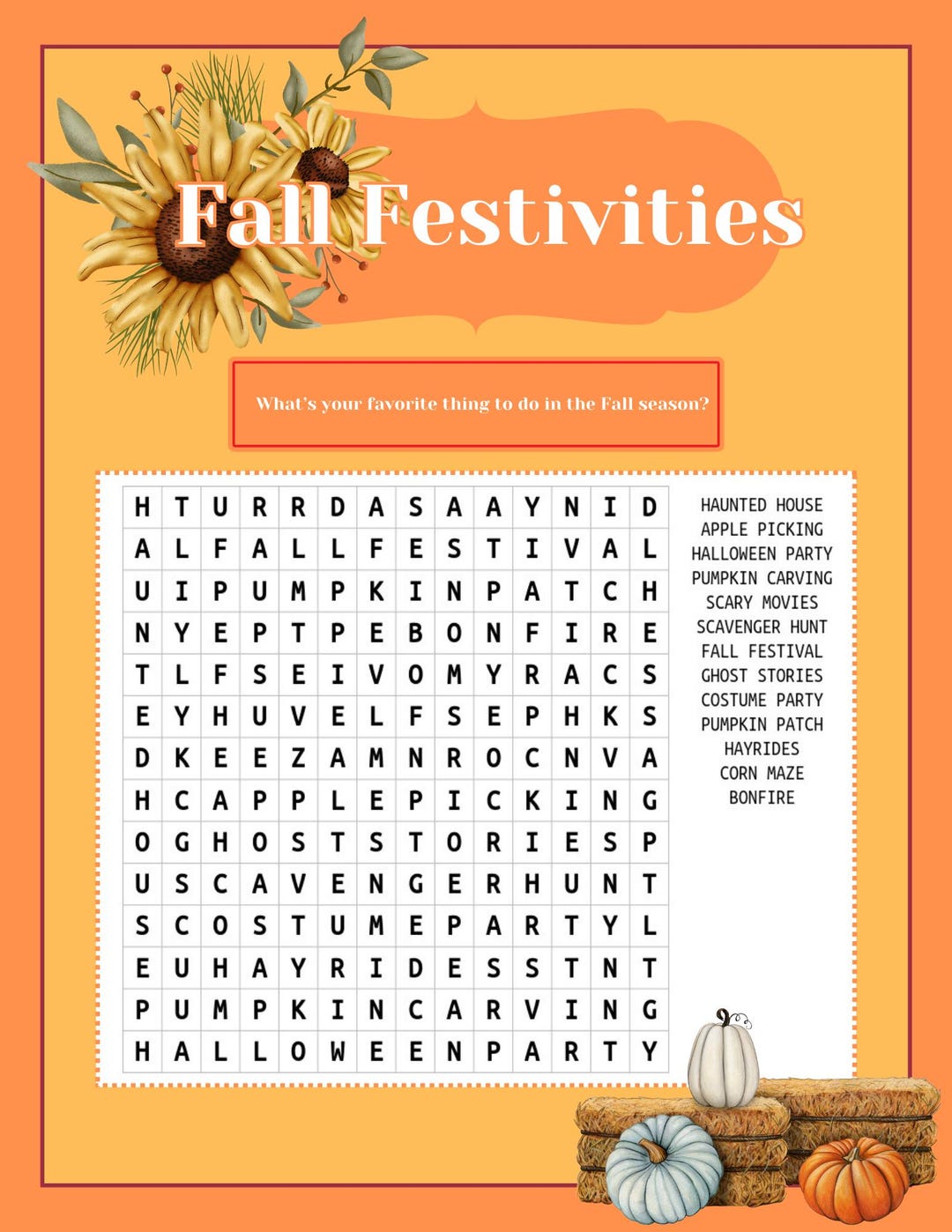 Fall Festivities Word Search: Fall-themed Word Puzzle - Etsy