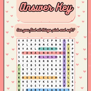 Pink & Soft Heart Themed Word Search With Answer Key - Etsy