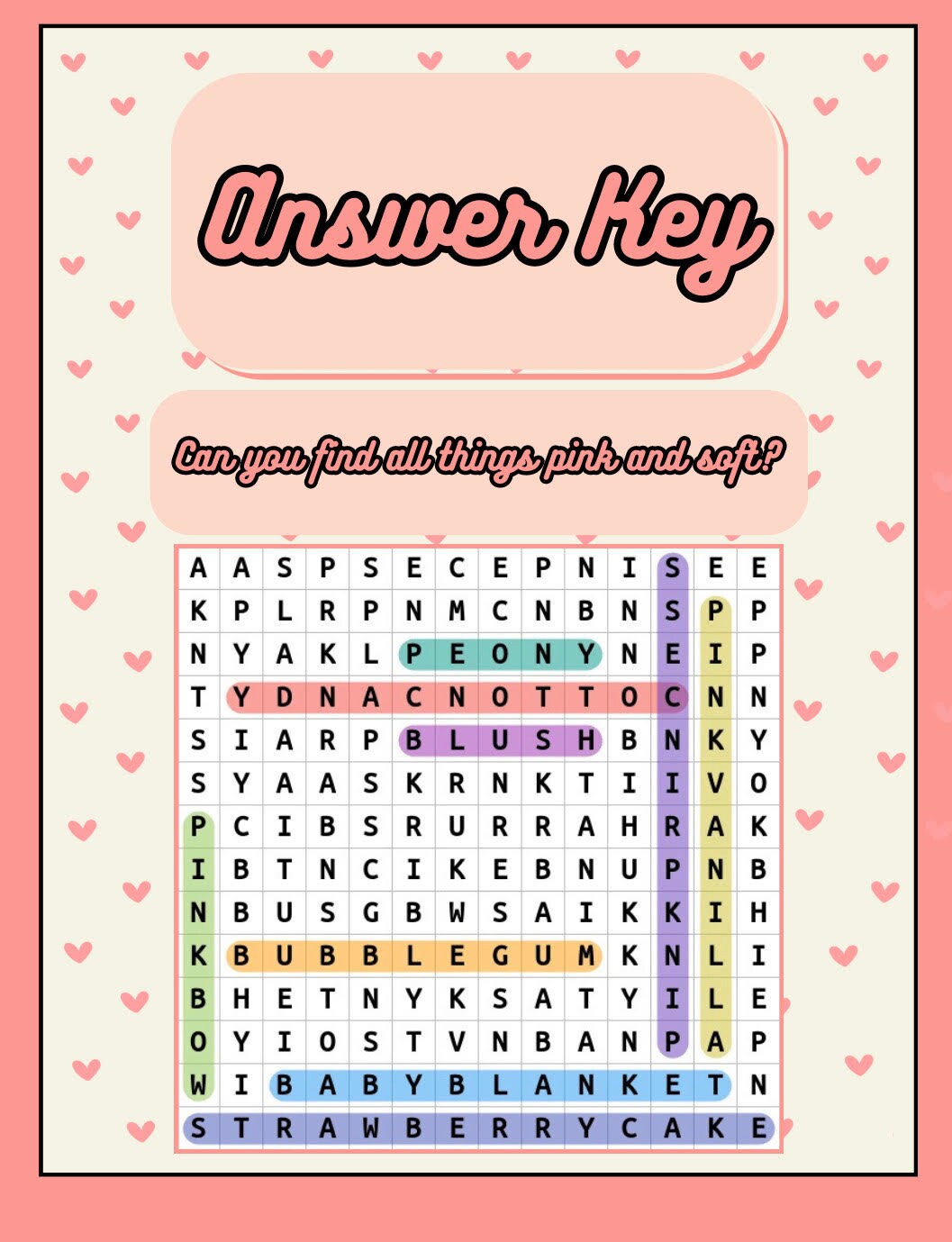 Pink & Soft Heart Themed Word Search With Answer Key - Etsy