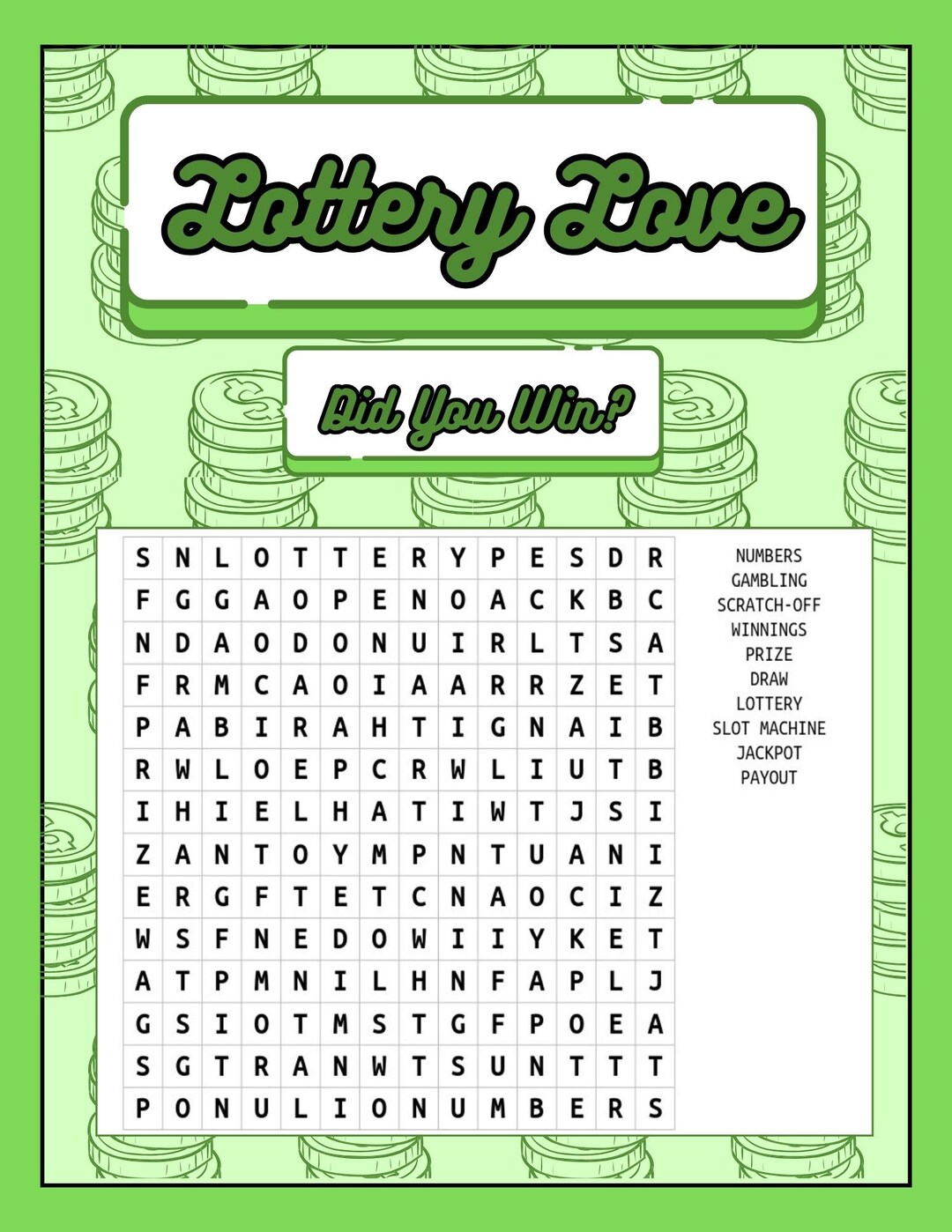 Lottery Love Lottery-themed Word Search With Answer Key - Etsy