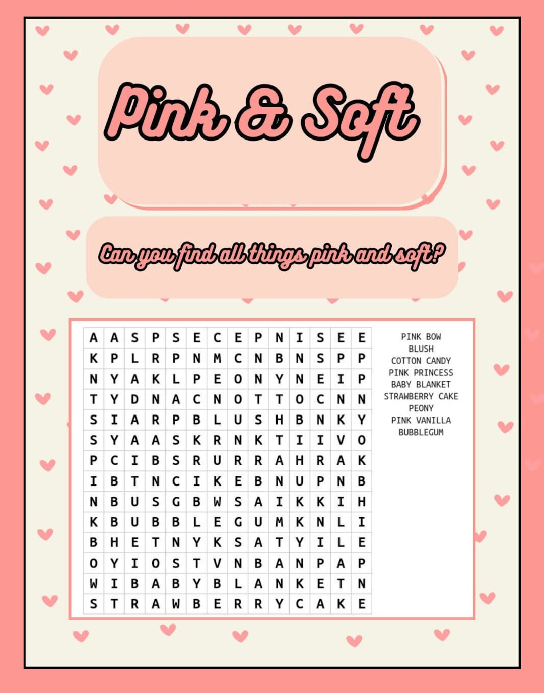 Pink & Soft Heart Themed Word Search With Answer Key - Etsy