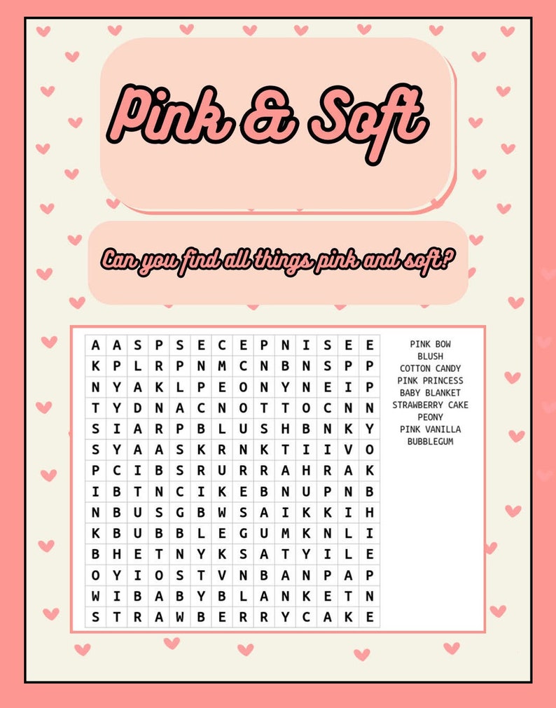 Pink & Soft Heart Themed Word Search With Answer Key - Etsy