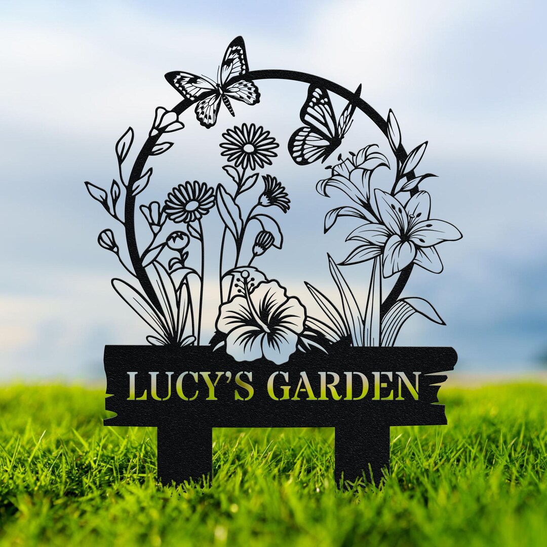 Personalized Metal Garden Sign, Flower Sign With Stakes, Garden Name ...