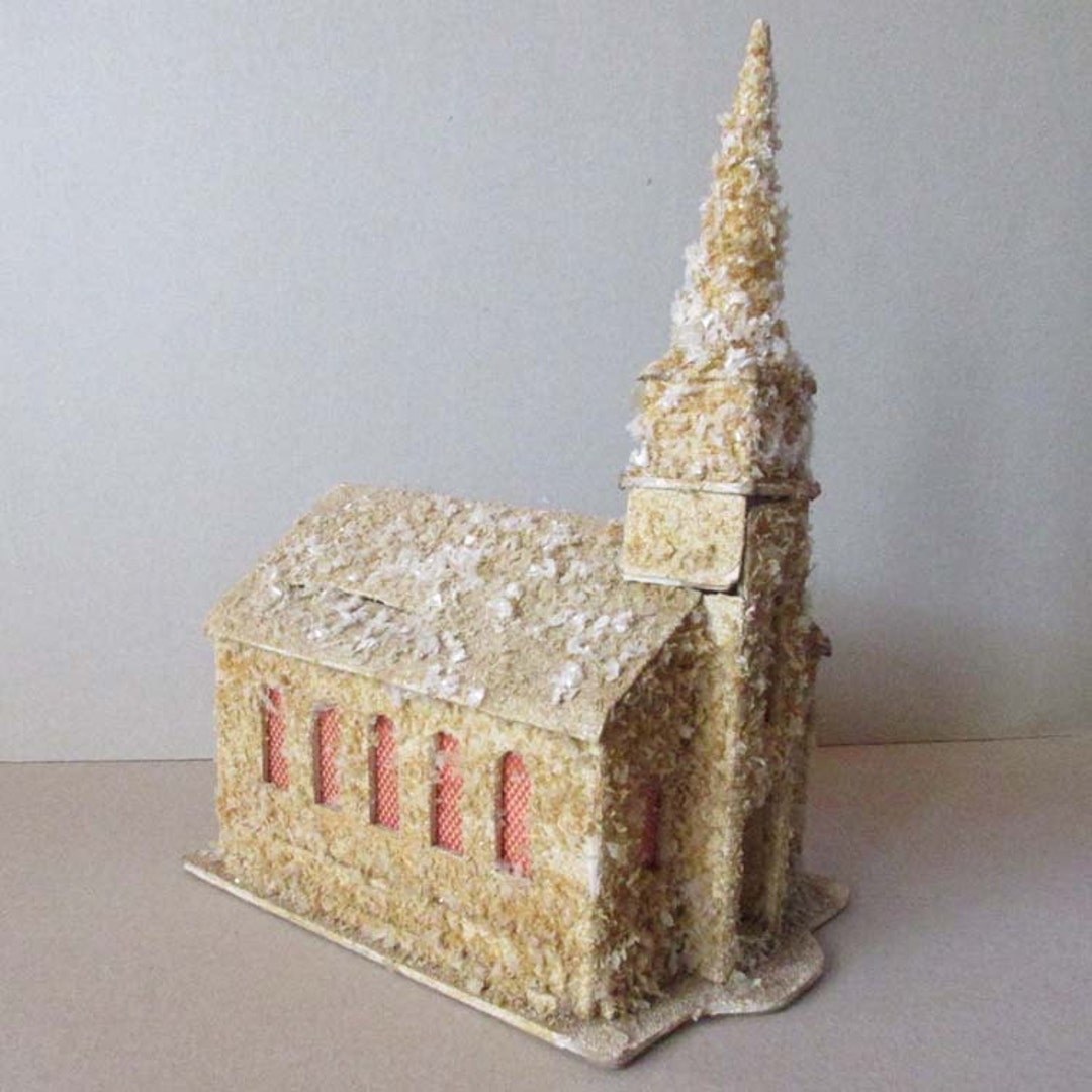 Vintage Christmas Old Putz Village Church Paper Pulp Mica - Etsy
