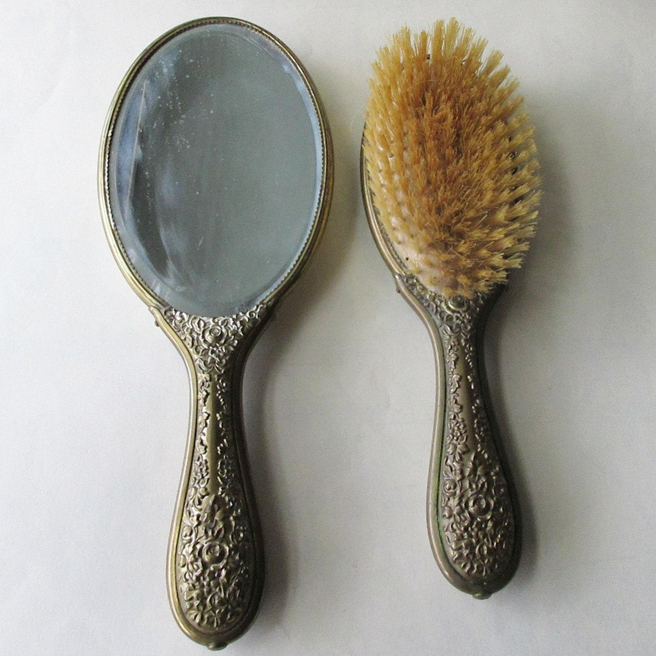 Victorian Vintage Hand Mirror and Brush Porcelain Brass Vanity Set Blue ...