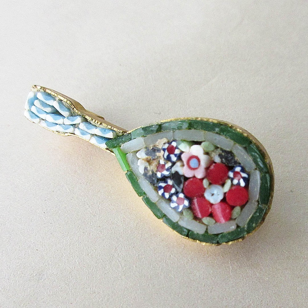 Vintage Micro Mosaic Italian Mandolin Shaped Brooch Pin Artist Sogned ...