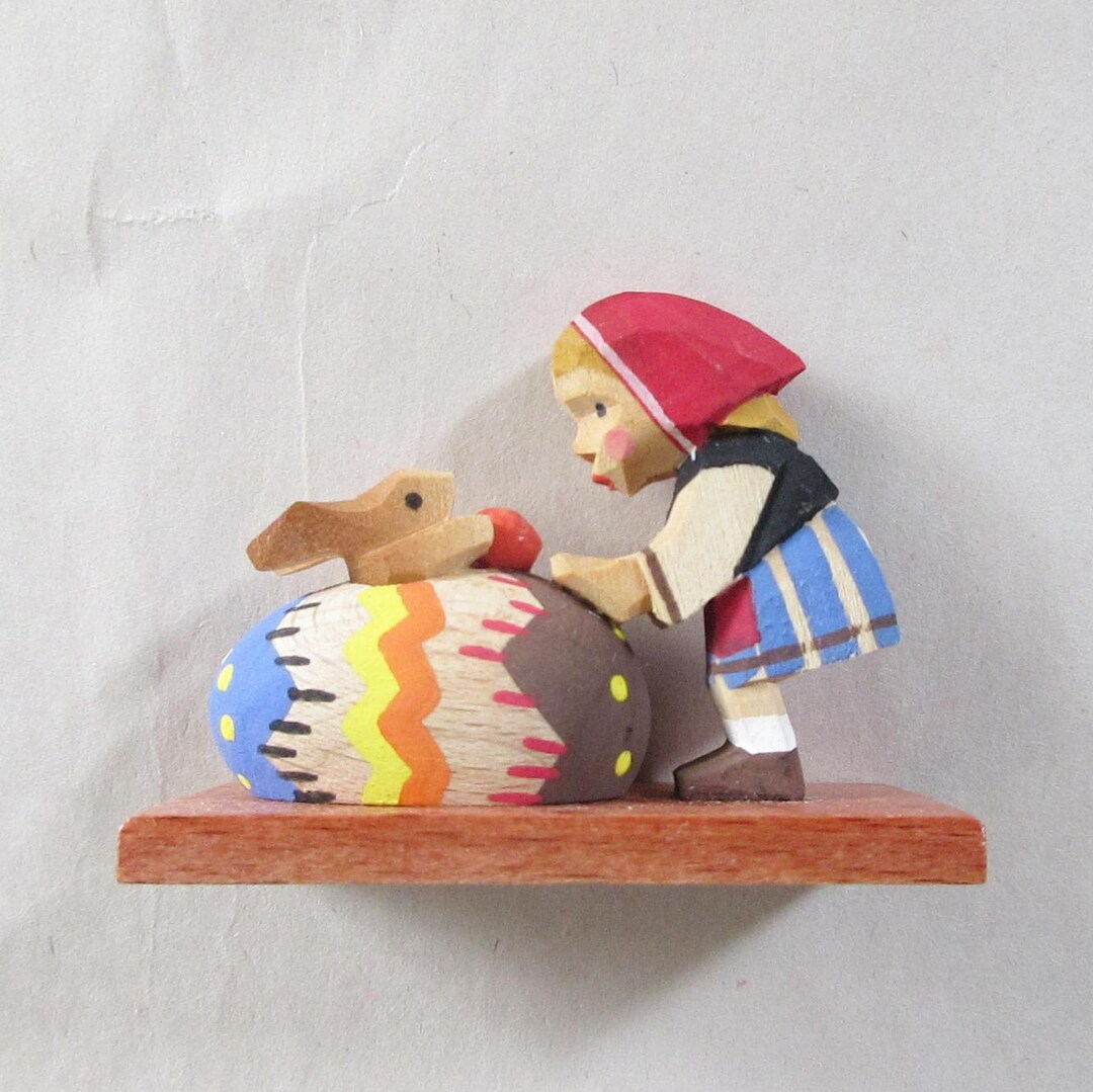 Vintage East Germany Emil Helbig Girl and Bunny Egg Hand Carved Wooden ...