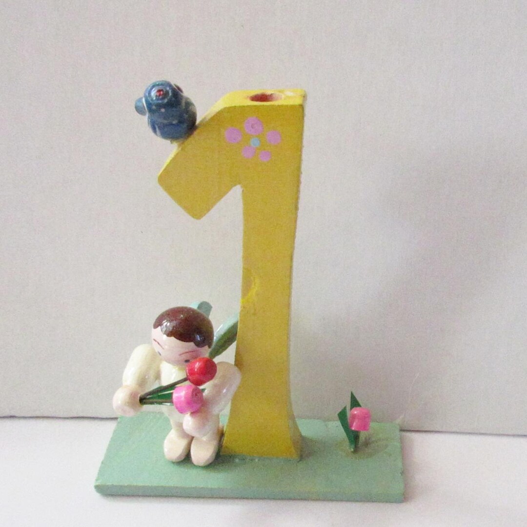 Vintage Japan 1950s Angel Bird Flower Wooden Birthday Number 1 One Wood ...