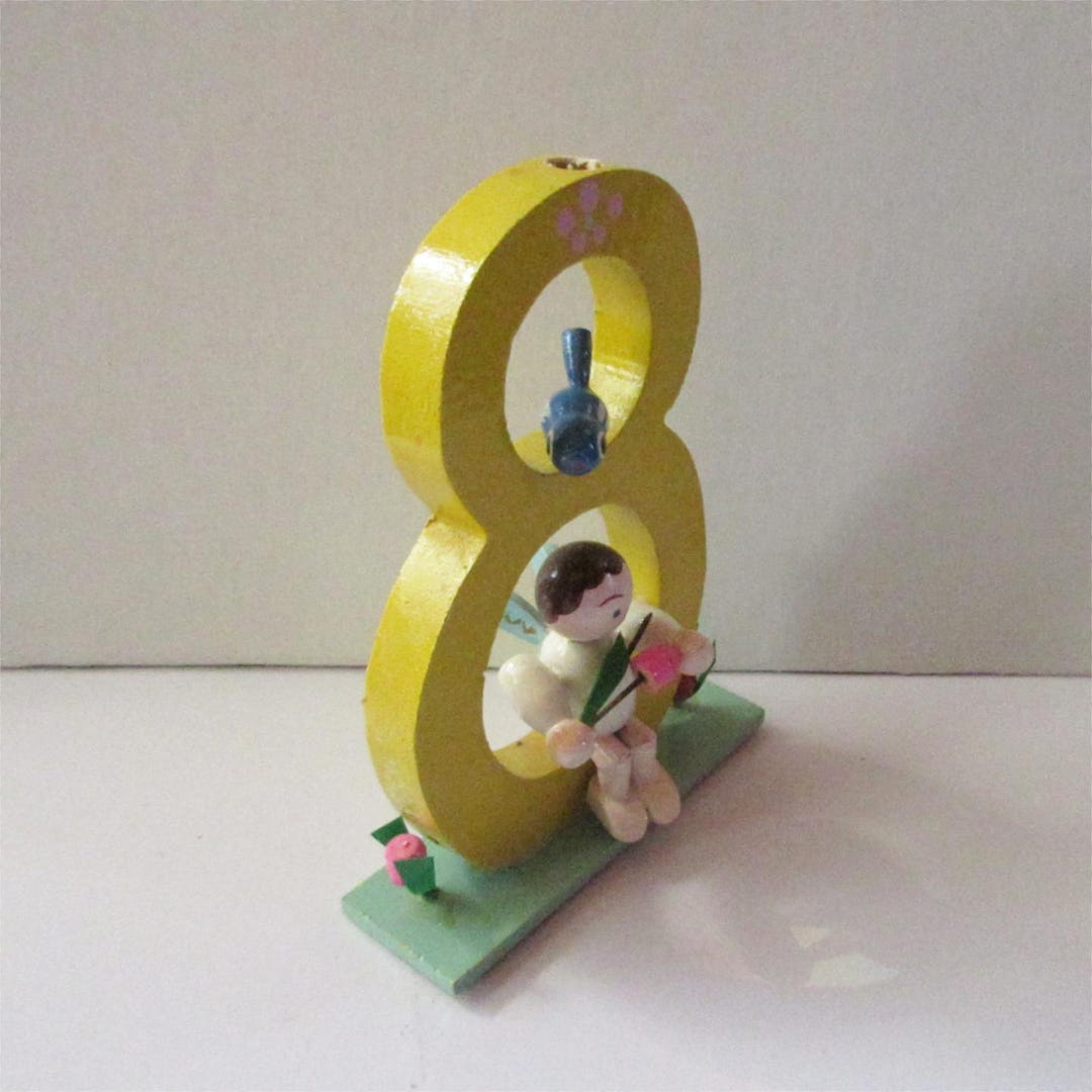Vintage Japan 1950s Angel Bird Flower Wooden Birthday Number 8 Eight ...