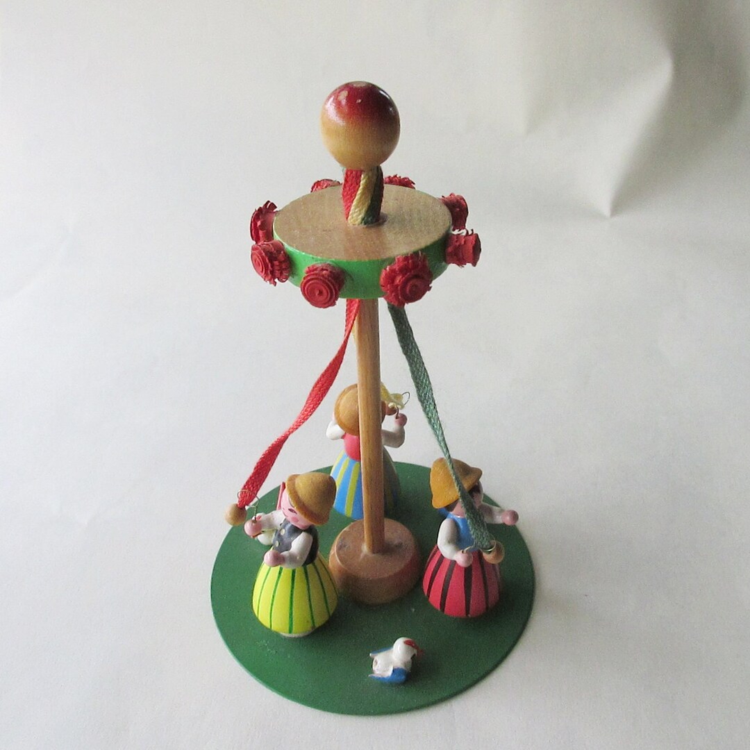 Vintage Erzgebirge Germany Wooden May Day Pole With 3 Girls and Birds ...