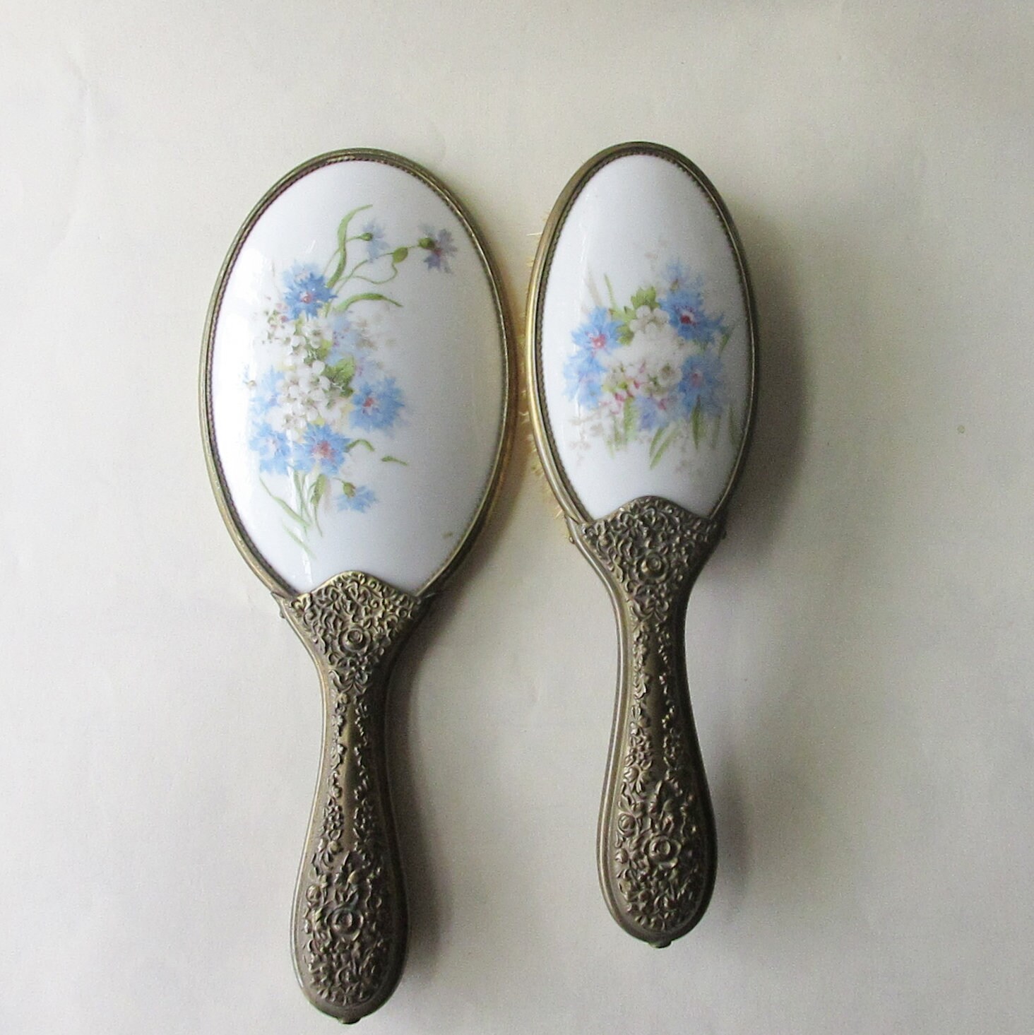 Victorian Vintage Hand Mirror and Brush Porcelain Brass Vanity Set Blue ...