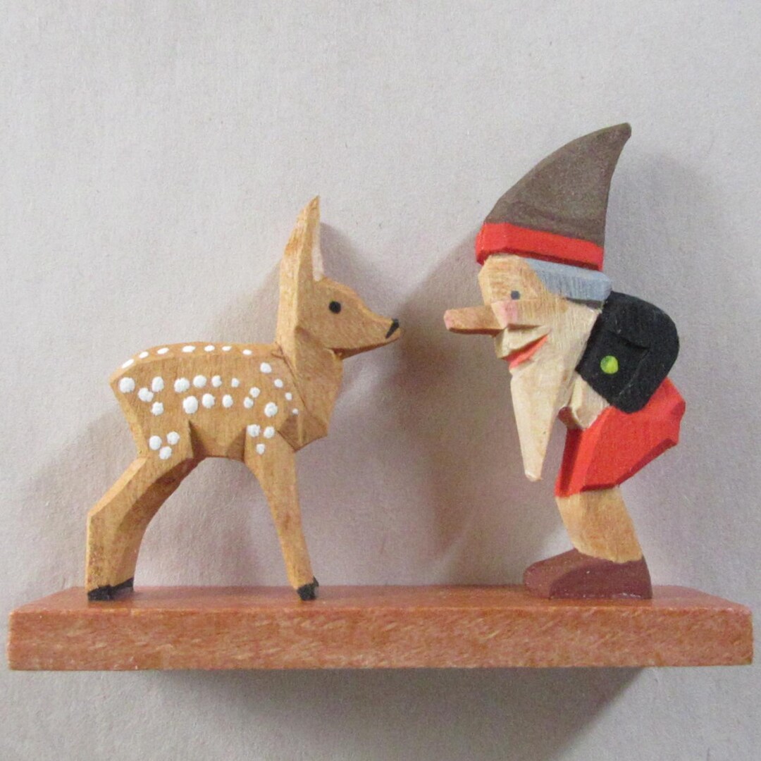 Vintage East Germany Emil Helbig Deer and Gnome Elf Hand Carved Wooden ...