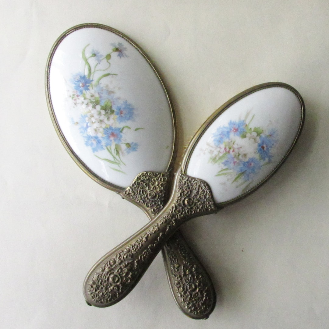 Victorian Vintage Hand Mirror and Brush Porcelain Brass Vanity Set Blue ...