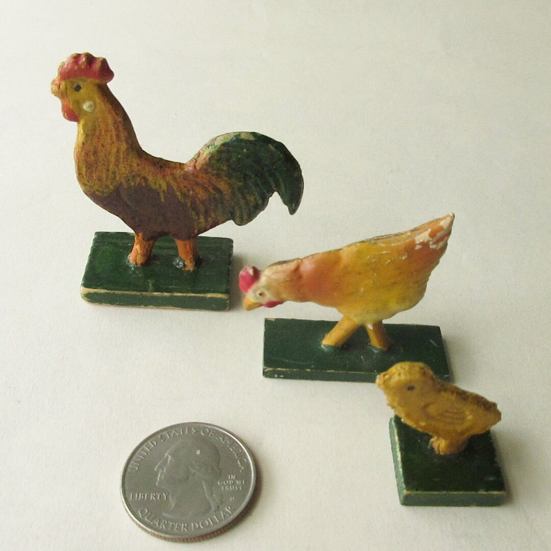 3 Vintage Erzgebirge East Germany Wood Rooster Chick Hen Chickens ...