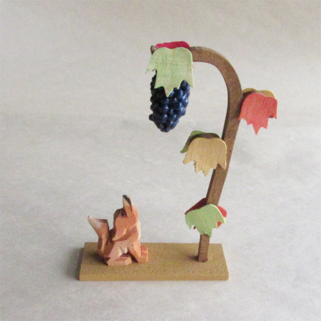 Vintage East Germany Fox and the Grapes Fable Figure Hand Carved Wooden ...