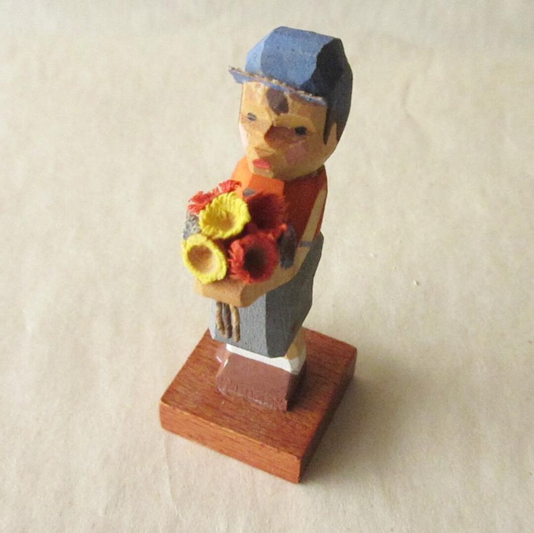 Vintage East Germany Emil Helbig Boy With Flowers Hand Carved Wooden ...