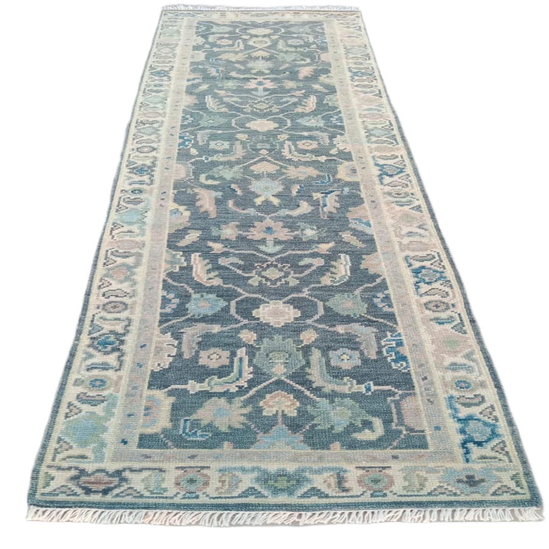 Handmade Teal Blue Wool Runner Rug | Vintage Oushak Floral Carpet - Etsy