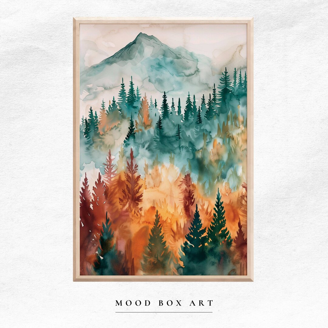Vintage Bright Rustic Forest Trees Mountain Colored Digital Art Home ...