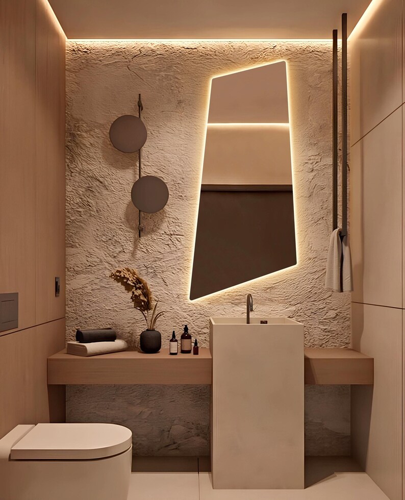 Asymmetrical LED Bathroom Mirror: Frameless Lighted Wall Decor - Etsy